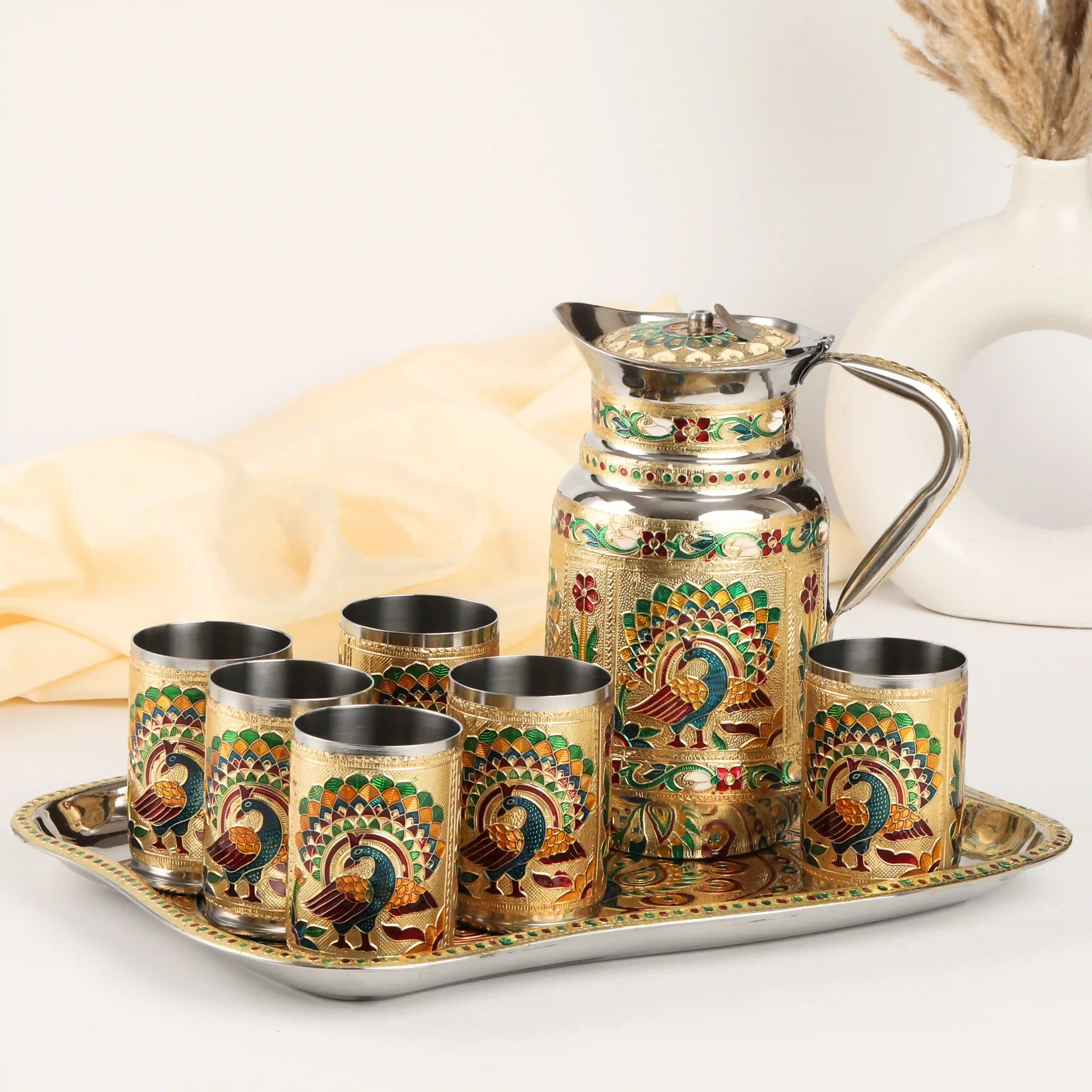 Lemon Set Steel Jug Glass Tray Set | Serving Set for Drinks